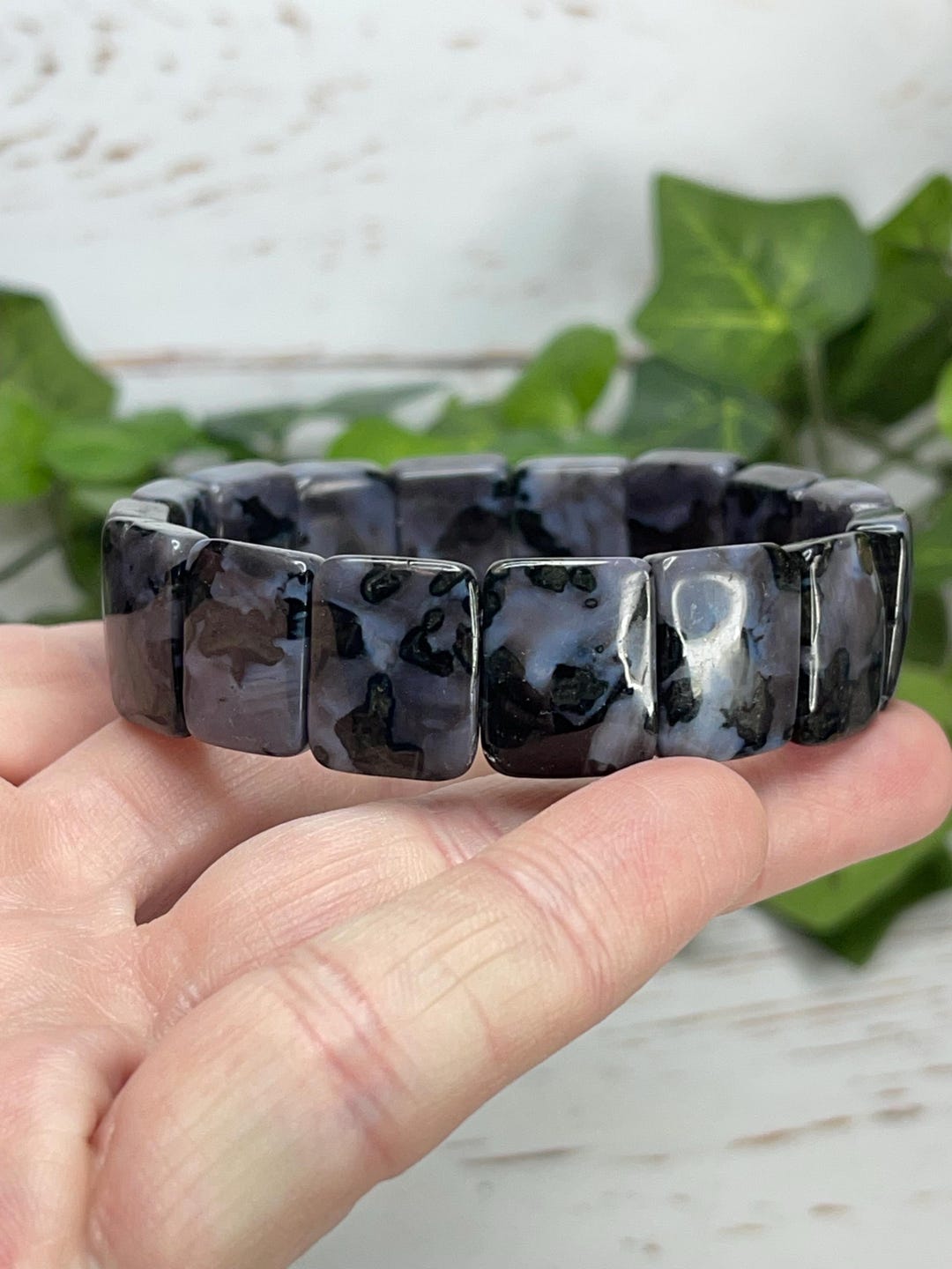 16mm Indigo Gabbro Bracelet – Mystic Merlinite Soft Bangle – Black Gray ...