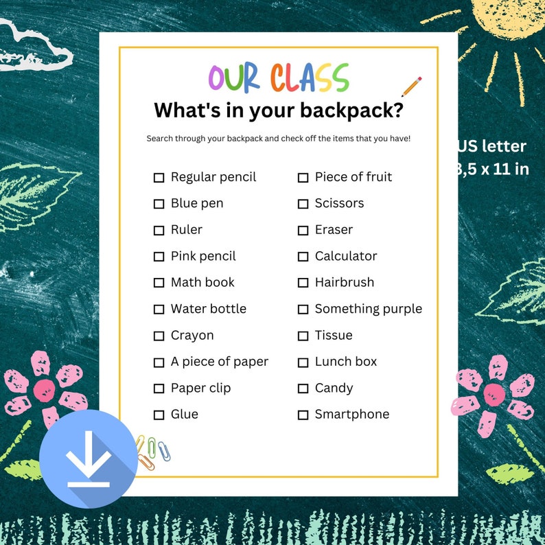 Back to School What's in Your Backpack, Printable Back to School Game ...