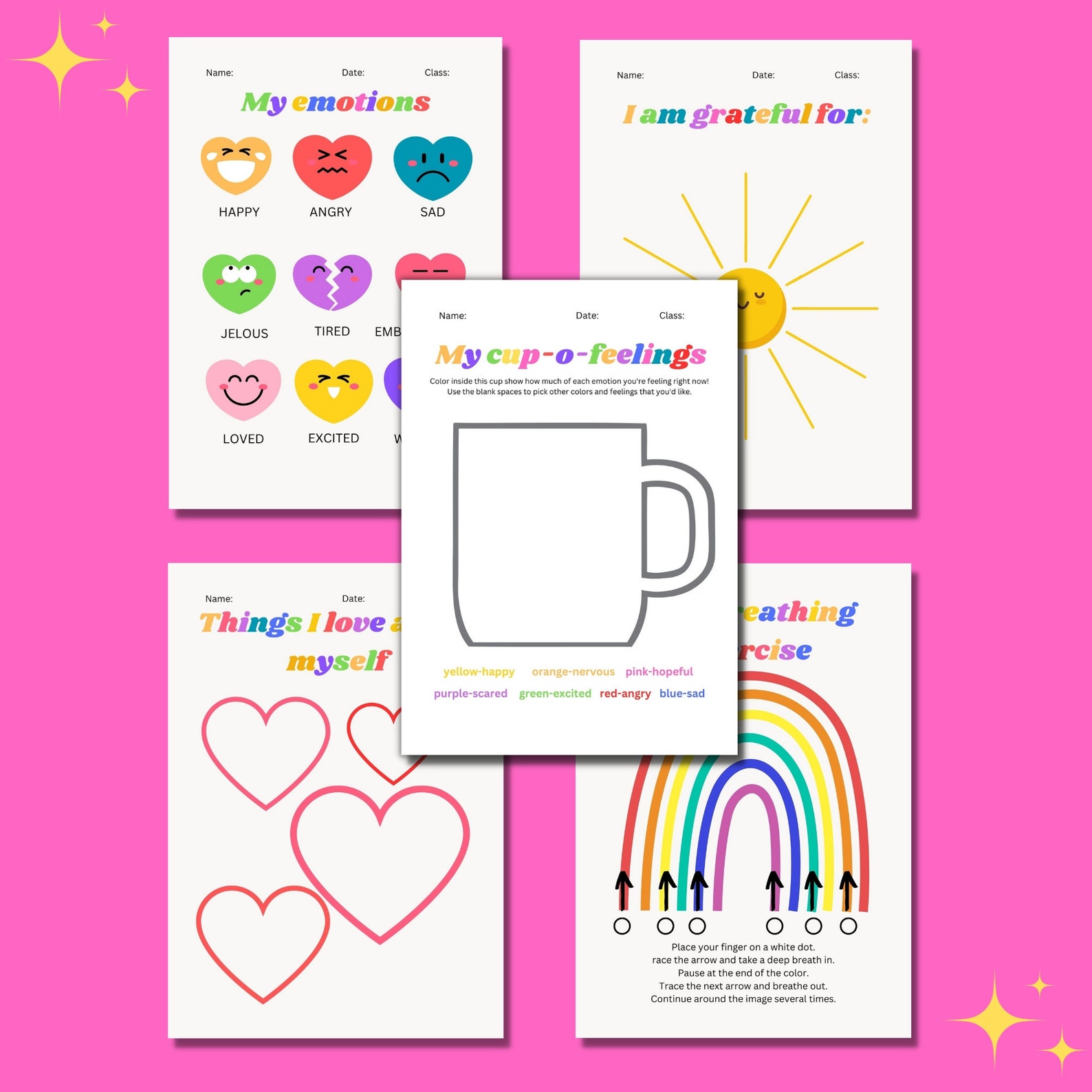 Colorful Printable Gratitude and Emotions Worksheets Pack; Self Love ...