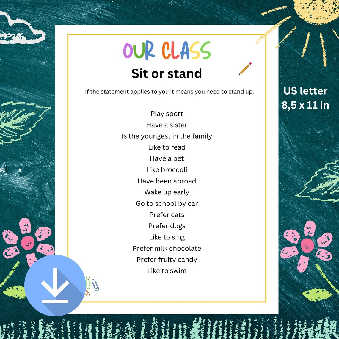 Printable Back to School Game Sit or Stand, First Week of School ...