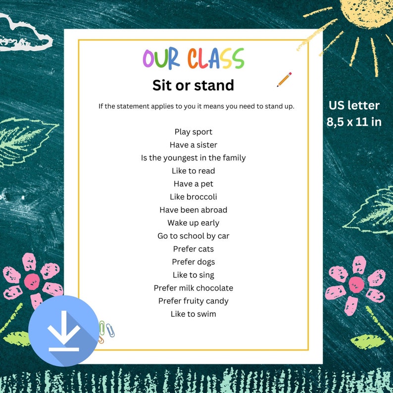 Printable Back to School Game Sit or Stand, First Week of School ...