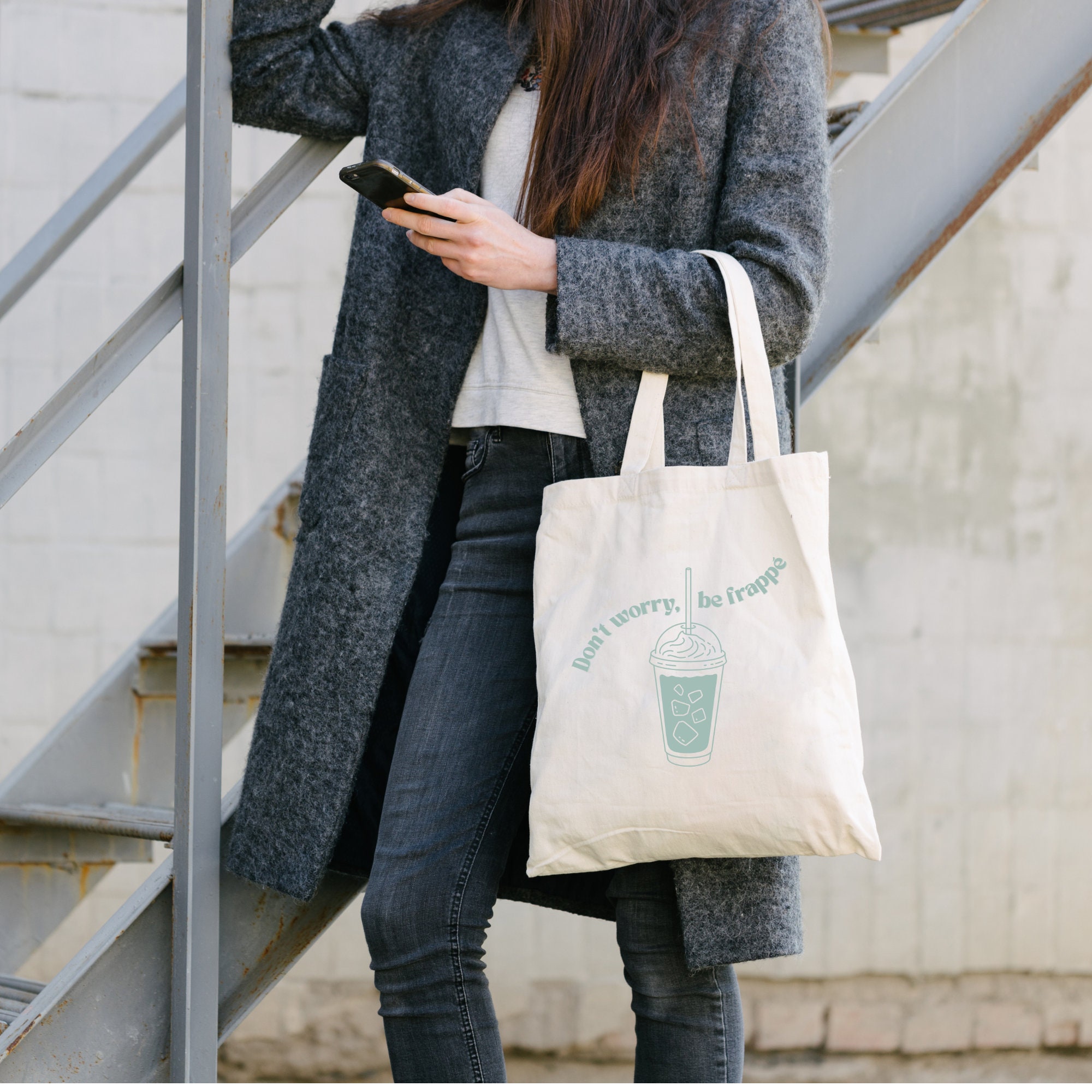 Don't Worry Be Frappe, Print Funny Tote Canvas Shoulder Bag, Coffee ...