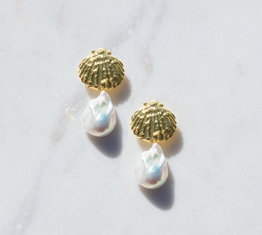 Baroque Pearl Gold Shell Earrings Beach Jewelry Mermaidcore Aesthetic ...