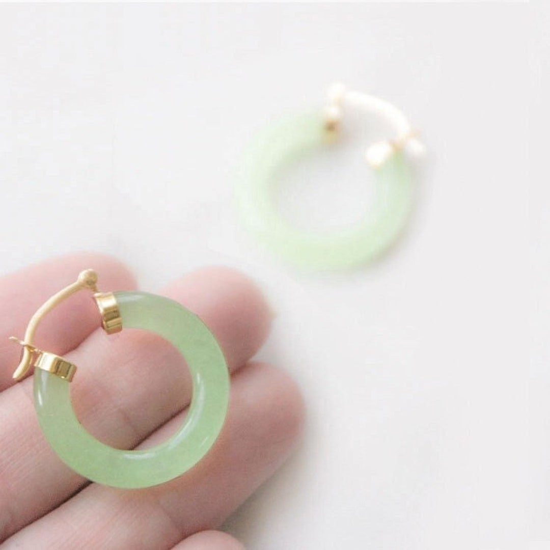 14K Gold Jade Hoop Earrings – Natural Gemstone Jewelry, Green Jade ...