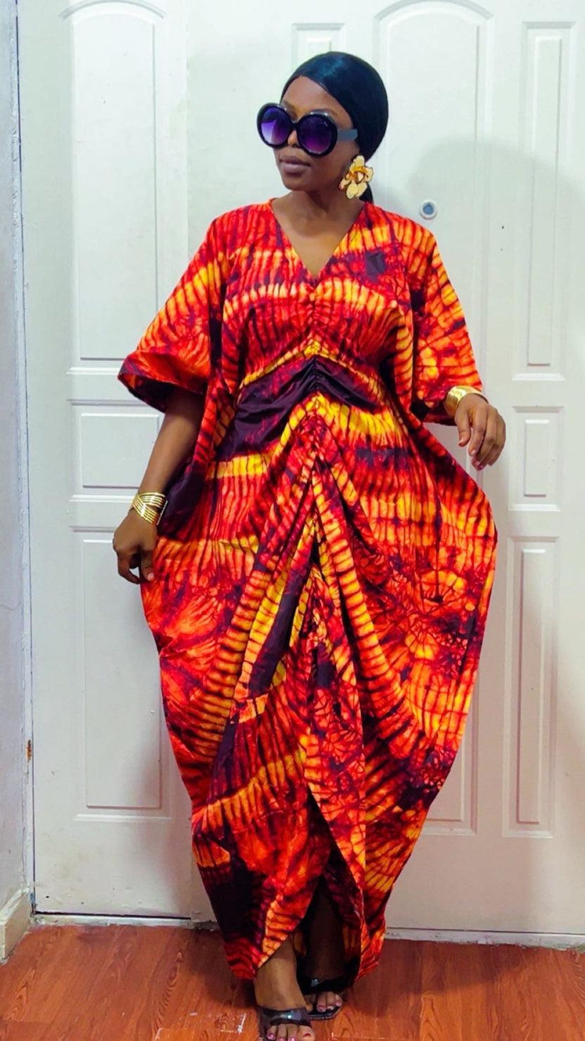 Bubu Kaftan Dress: Red Adire Maxi Dress With Pleated Center Detail - Etsy