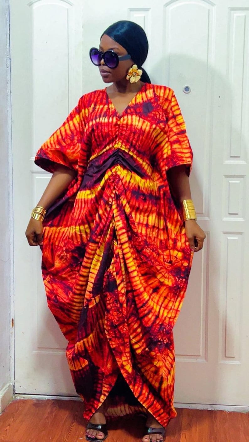 Bubu Kaftan Dress: Red Adire Maxi Dress With Pleated Center Detail - Etsy