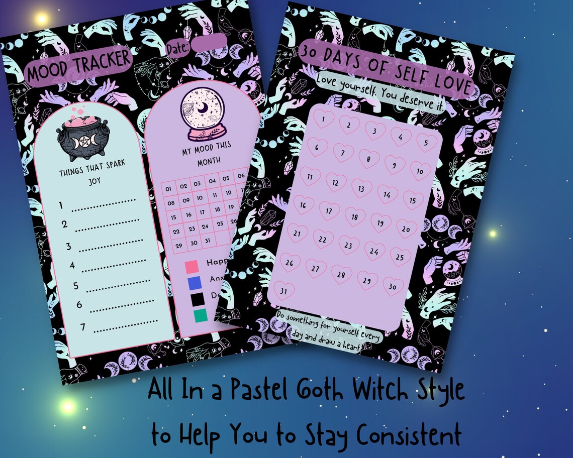 Mint and Purple Witch Pastel Goth Mental Health Journal, Printable ADHD ...