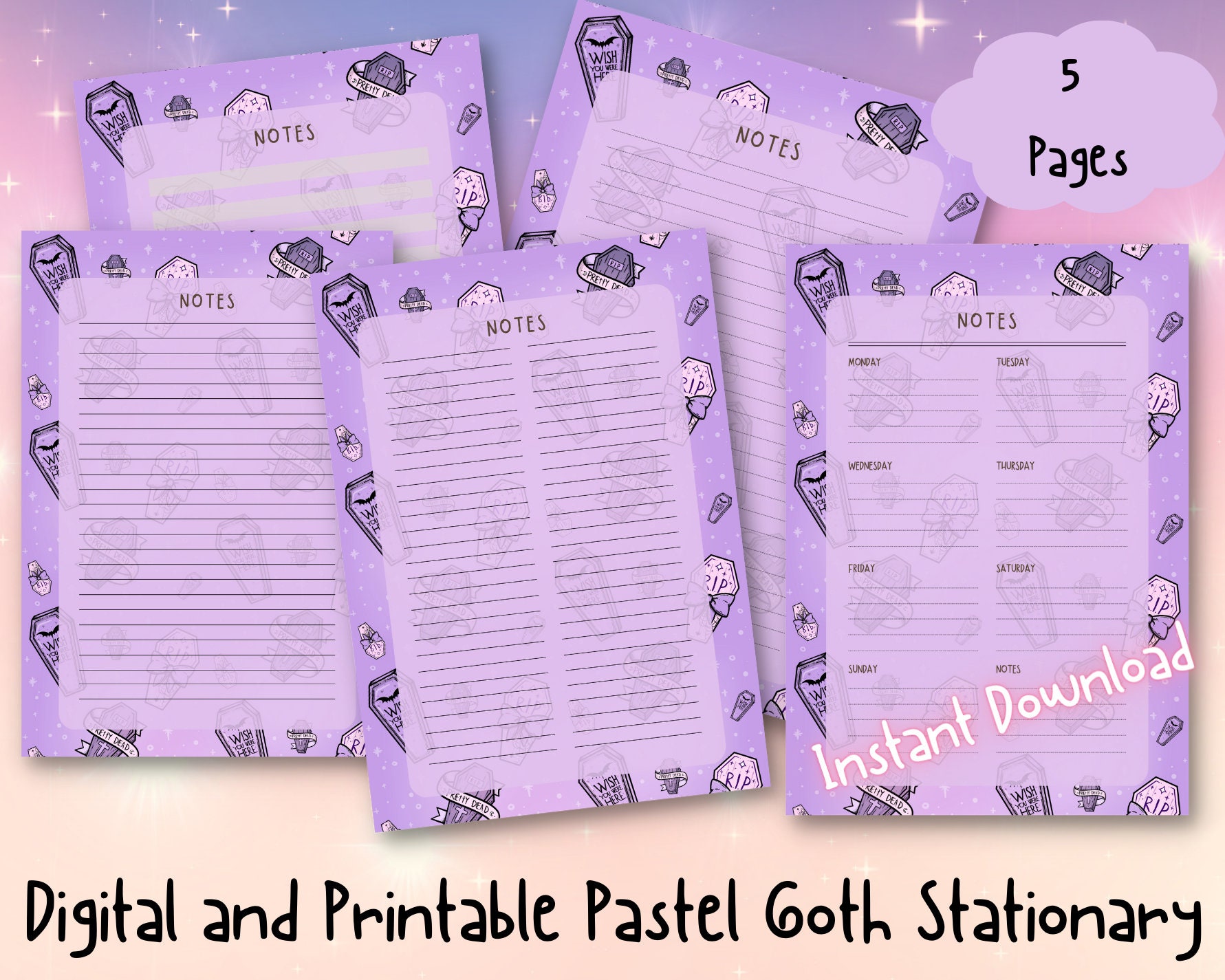 Purple Coffin Pastel Goth Notepad - Printable Lined Paper (digital ...