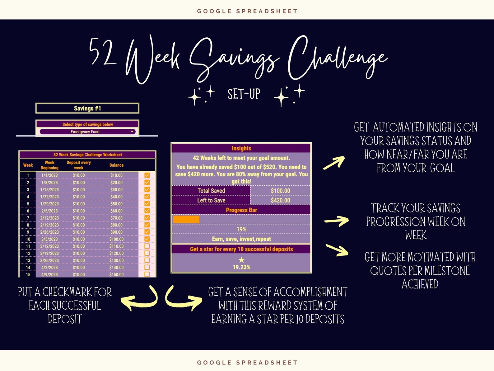 52 Week Savings Challenge Google Sheets Template | Save Money in 52 ...