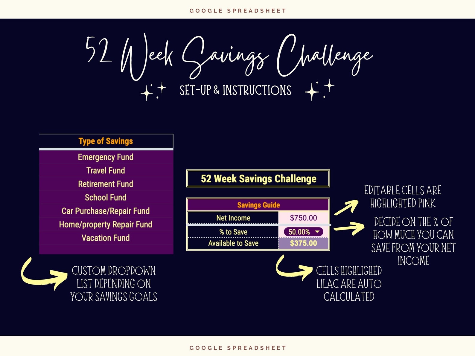 52 Week Savings Challenge Google Sheets Template | Save Money in 52 ...