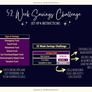 52 Week Savings Challenge Google Sheets Template | Save Money in 52 ...
