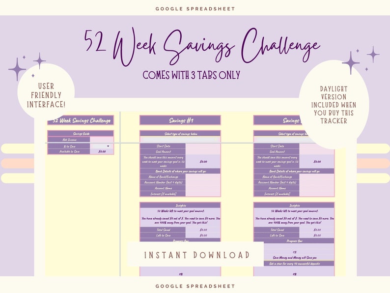 52 Week Savings Challenge Google Sheets Template | Save Money in 52 ...