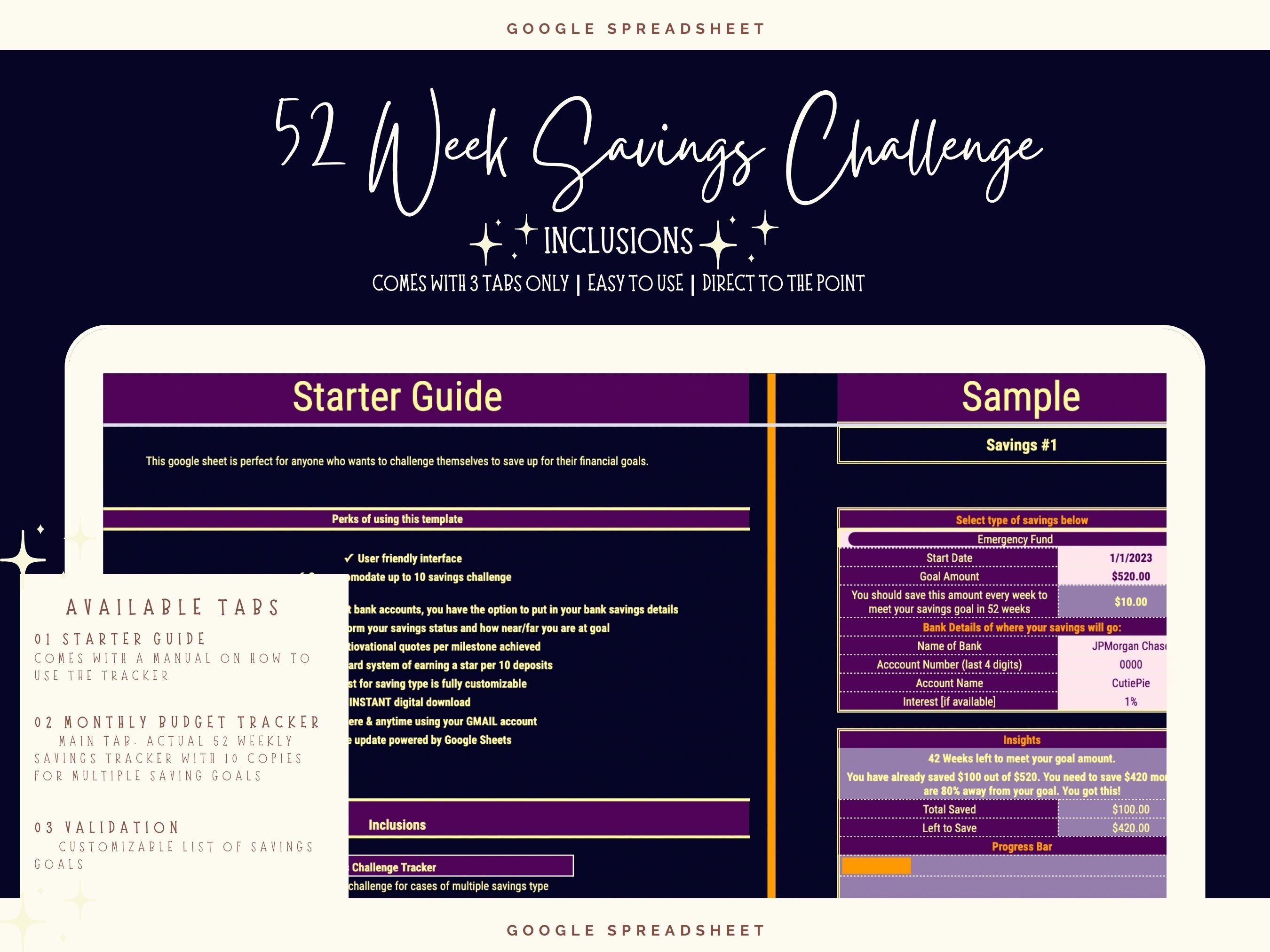 52 Week Savings Challenge Google Sheets Template | Save Money in 52 ...