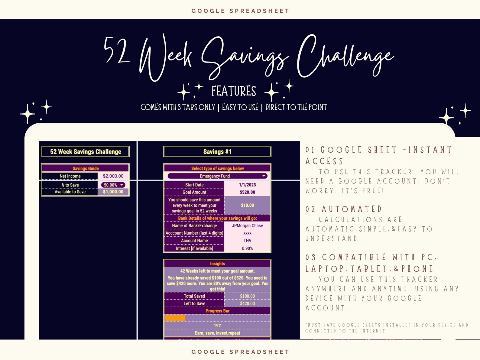 52 Week Savings Challenge Google Sheets Template | Save Money in 52 ...