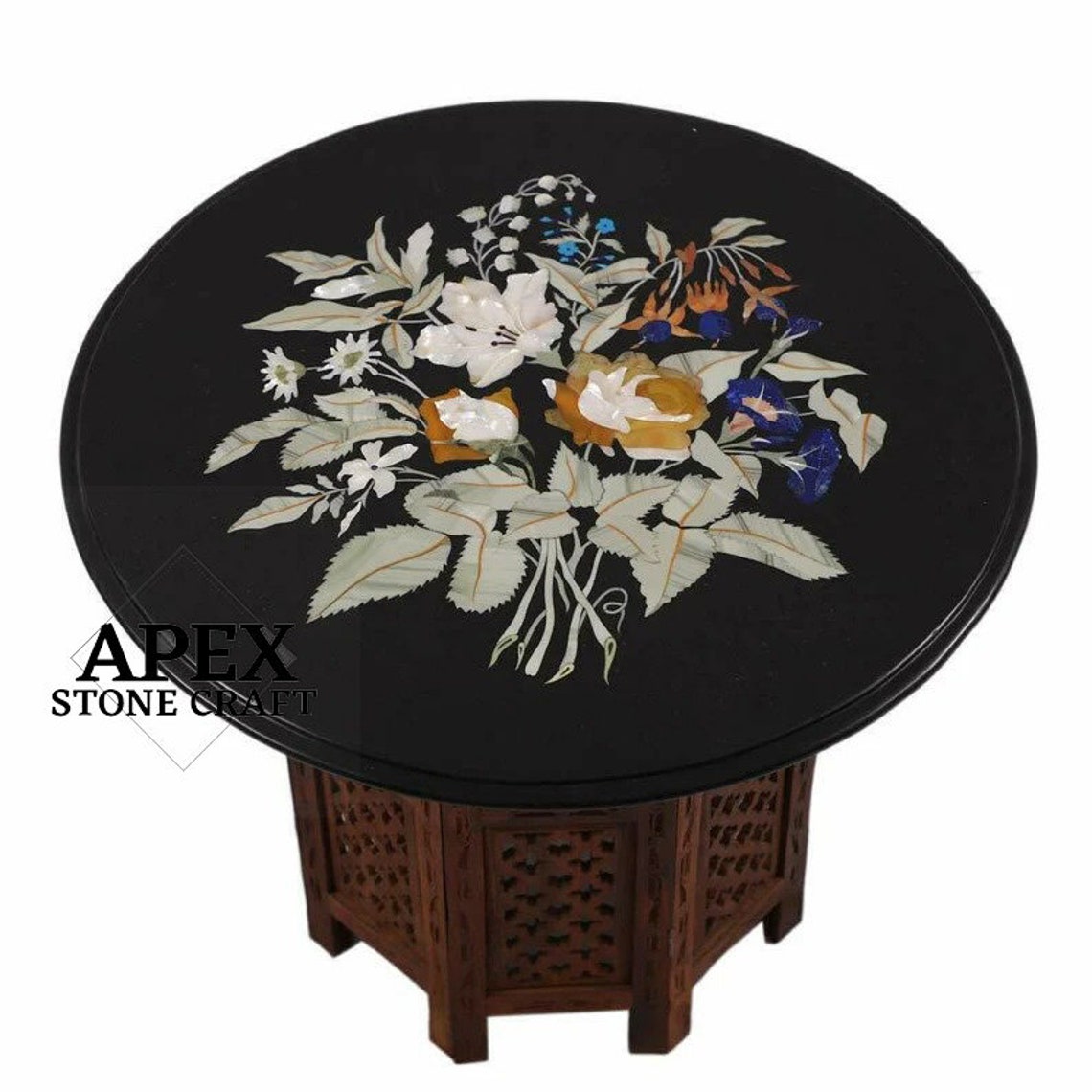 Round Marble Table Top Semi Precious Stone Inlay Work Handmade ...