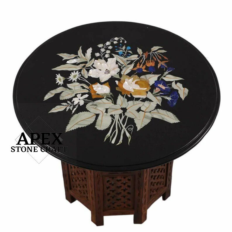 Round Marble Table Top Semi Precious Stone Inlay Work Handmade ...