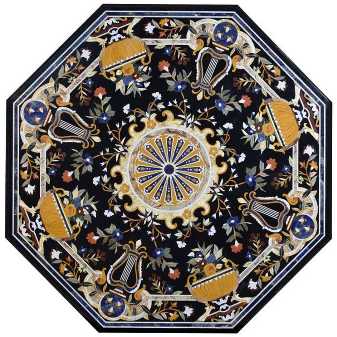 Black Marble Dining Table, Floral Marble Inlay, Ancient Table Top, Mop ...