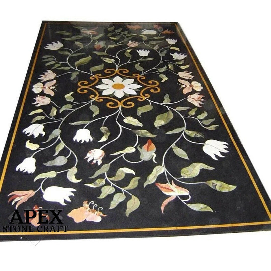 Black Marble Inlay Dining Table Top Handmade Semi Precious Stone Inlay ...