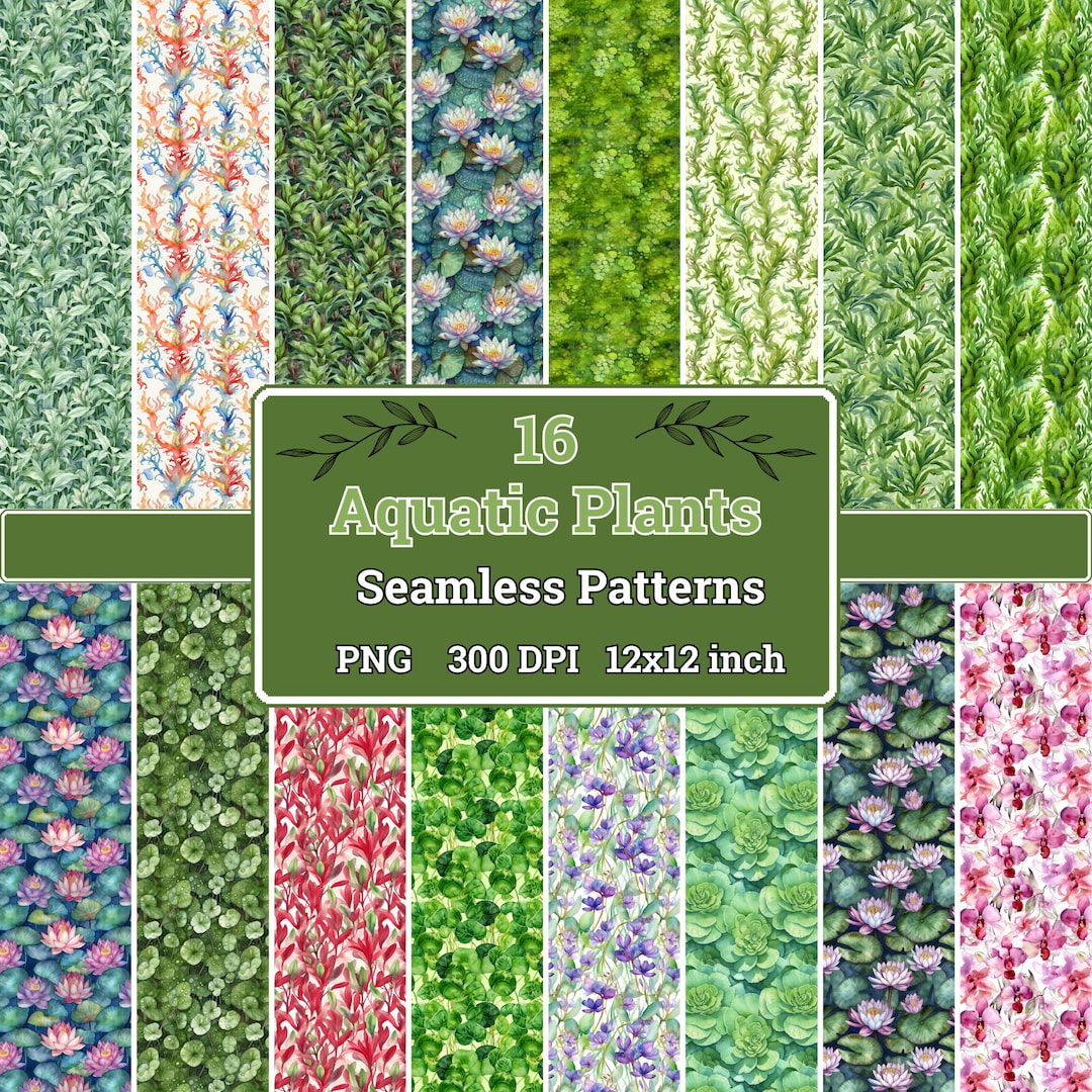 Aquatic Plants Watercolor Digital Paper, Aquatic Life, Aquatic Seamless ...