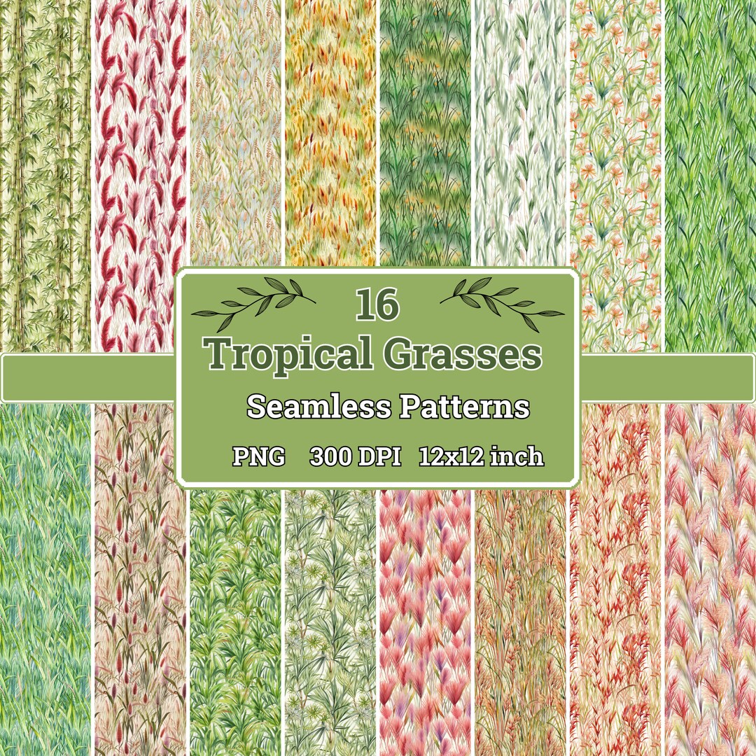 Tropical Grasses Digital Paper, Seamless Pattern, Scrapbook, Leaves ...