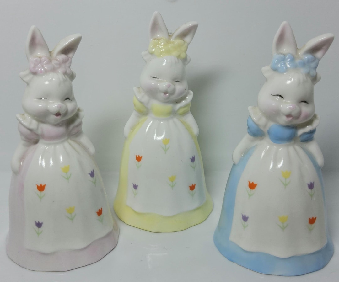 Charming Vintage Bunny Bell Figurines - Hand-painted Easter Deco - Etsy