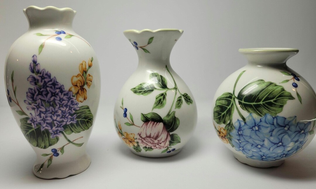 Set of 3 Vintage Garde A Princess House Floral Vases - Hand-painted ...