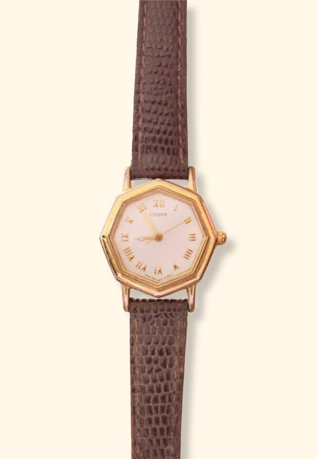 Vintage Ladies Gold Hexagon Citizen Face on a Brown Leather Strap Watch ...