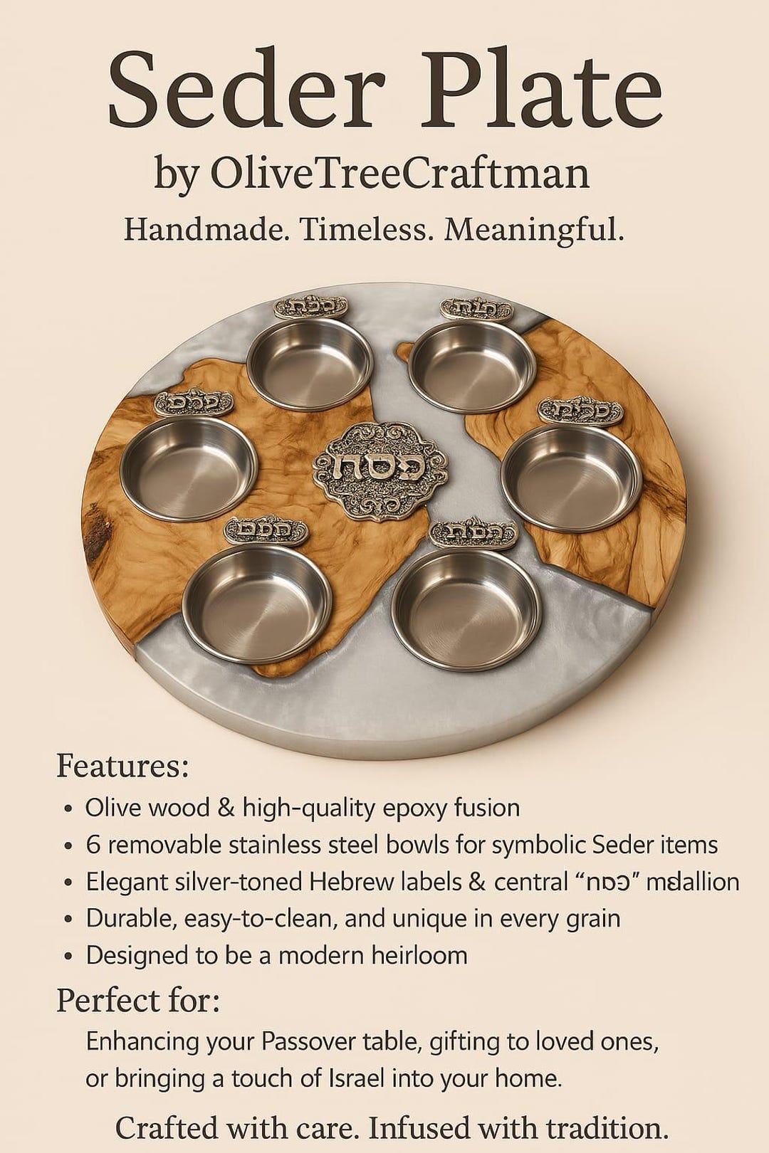 Passover Seder Plate, Made From Olivewood and White Resin, Personalized ...
