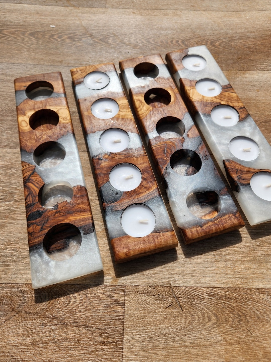 Tealight 5 Candles Tray Made From Olive Wood and Epoxy Resin , Shabat ...