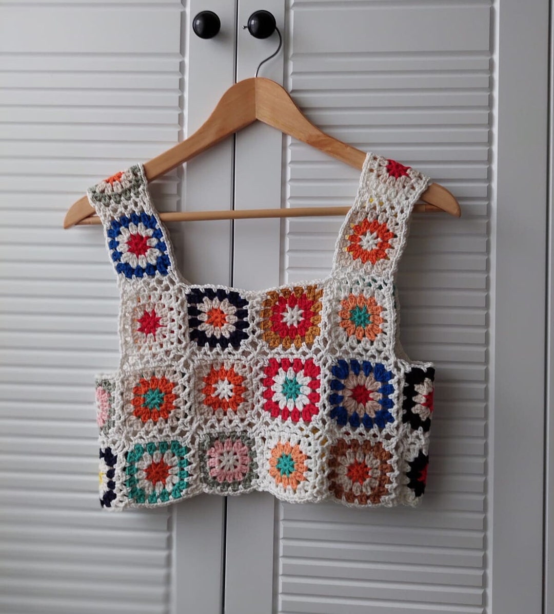 Crocheted Granny Square Top, Handmade Top, Crocheted Colorful Crop Top ...