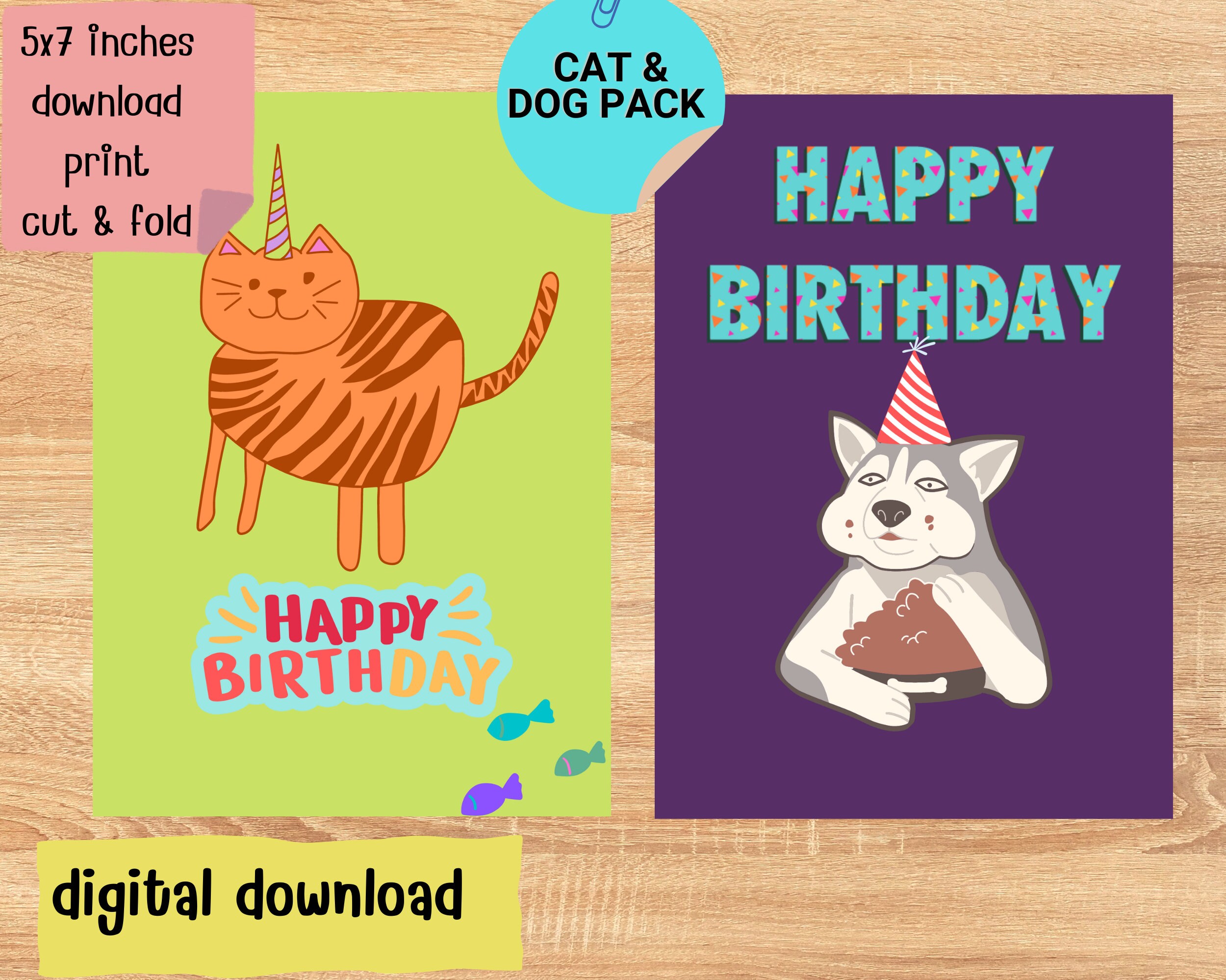 Printable Cat & Dog Birthday Card Digital Download Card Cute Card - Etsy