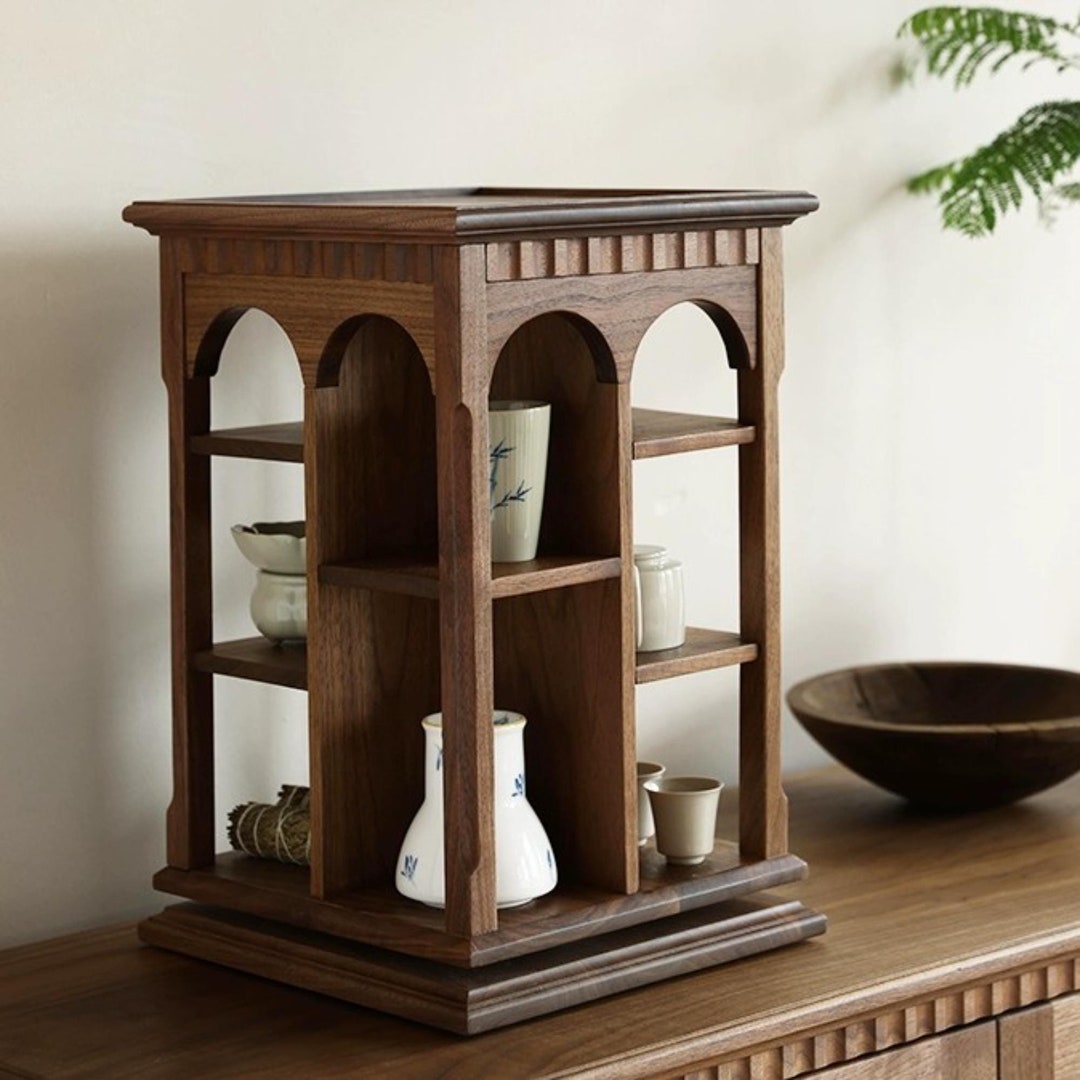 Walnut Rotating Cup Shelf. Display Shelf, Desktop Coffee Tea Mug Cup ...