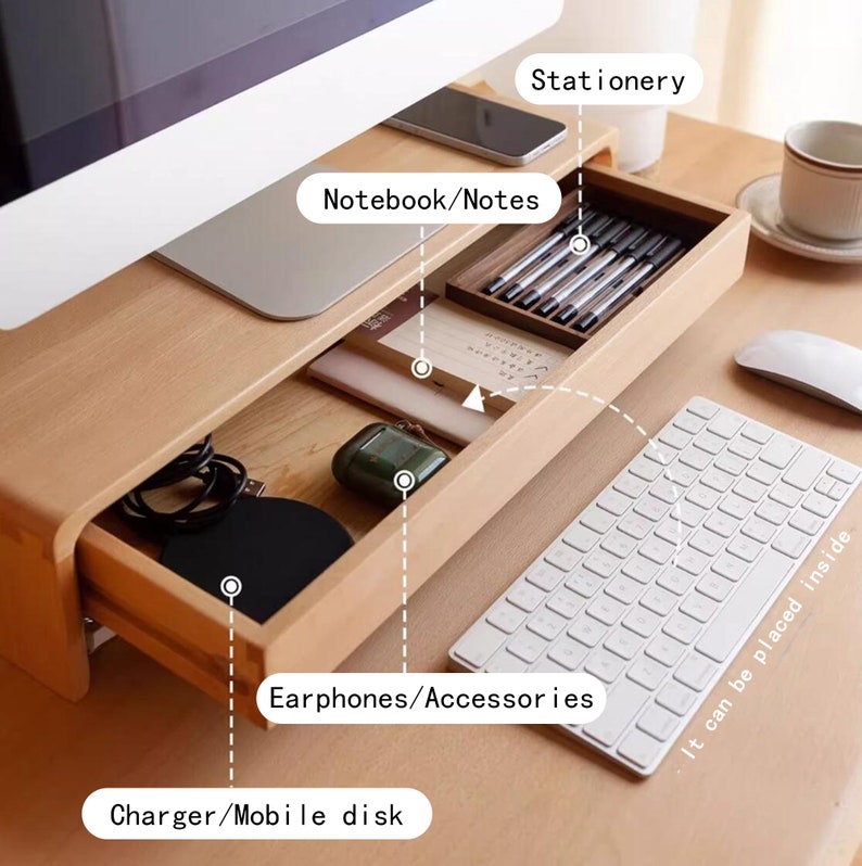 Custom Solid Wood Desktop Shelf Monitor Stand With Drawer Storage, Desk ...