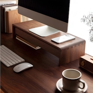 Custom Solid Wood Desktop Shelf Monitor Stand With Drawer Storage, Desk ...