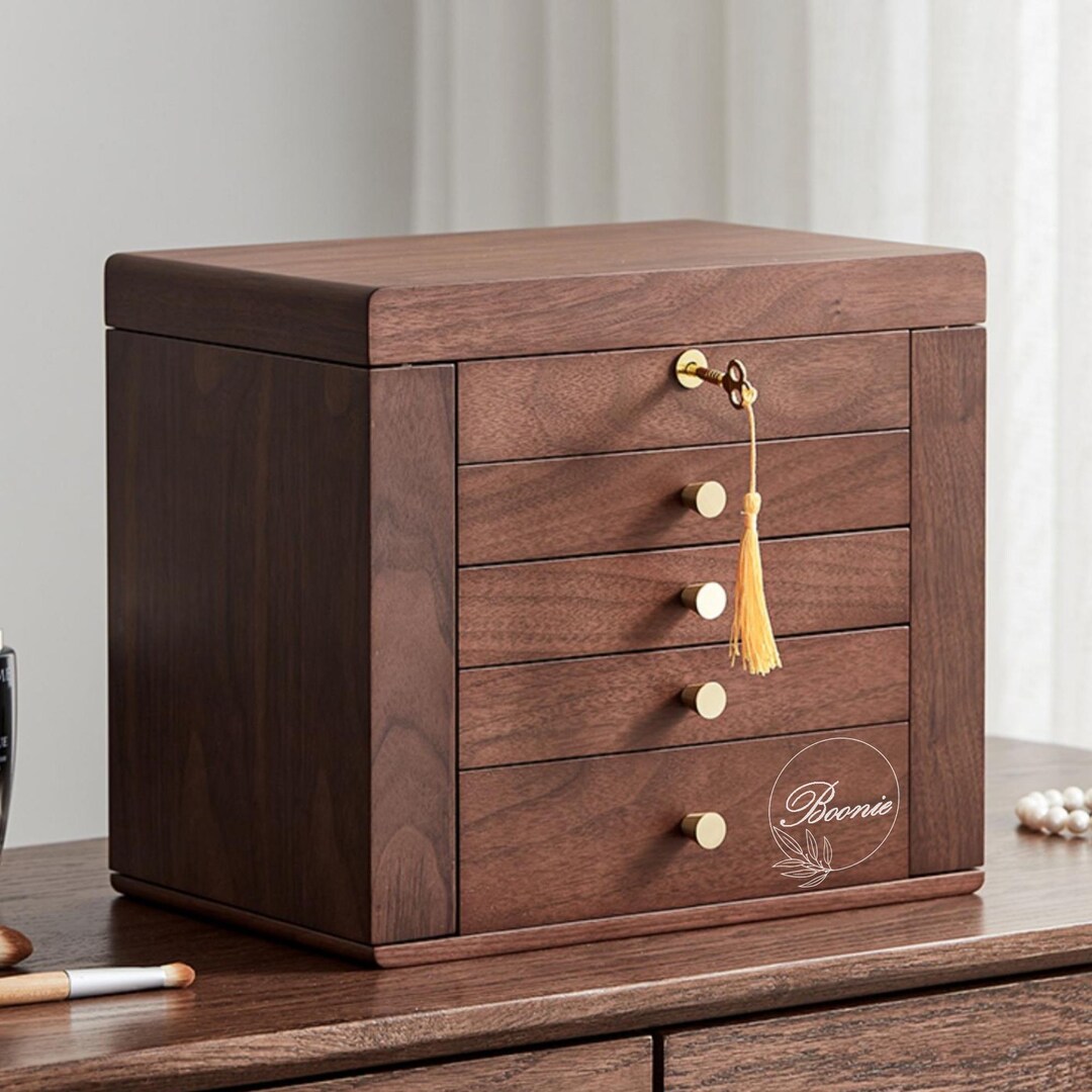 Large 5 Layer Wooden Jewelry Organizer, Wood Jewelry Box Storage Case ...
