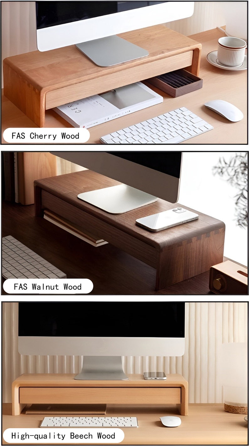 Custom Solid Wood Desktop Shelf Monitor Stand With Drawer Storage, Desk ...