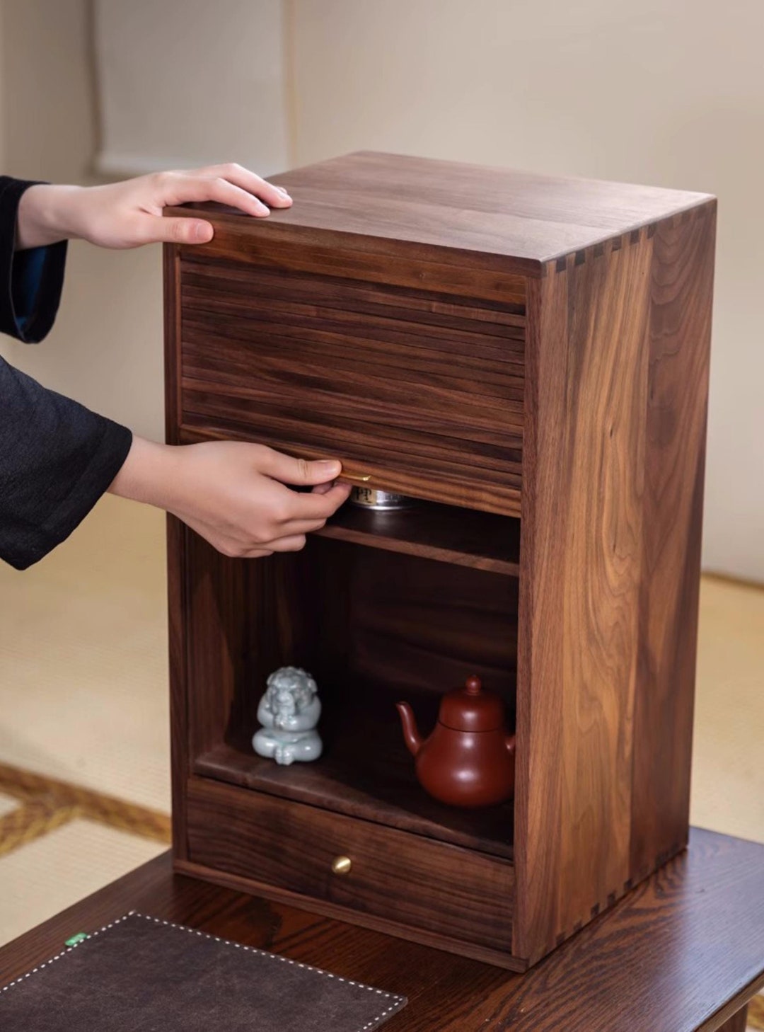 Custom Large Storage Chest With Drawer, Wooden Walnut Rolling Door Home ...