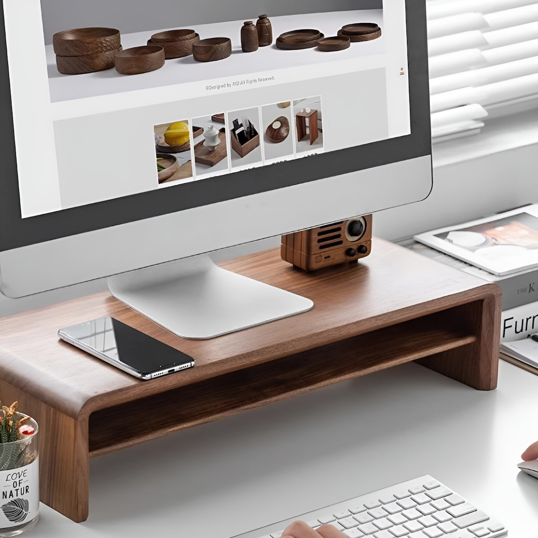 Custom All in One Desk Setup Desk Shelf 105cm for Monitor Stand, Wood ...