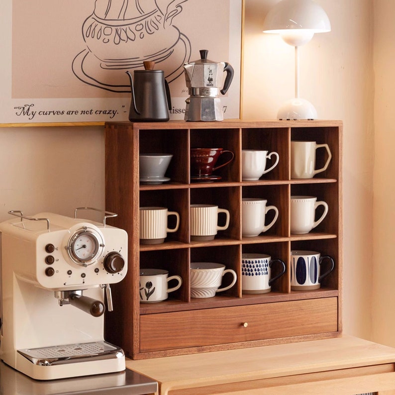 Wooden Desktop Coffee Tea Mug Cup Storage Holder With Drawer, Coffee ...