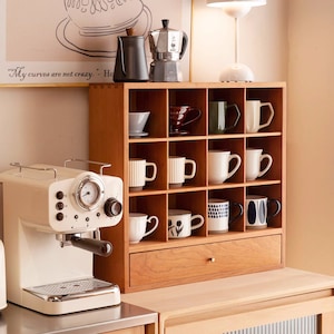 Wooden Desktop Coffee Tea Mug Cup Storage Holder With Drawer, Coffee ...