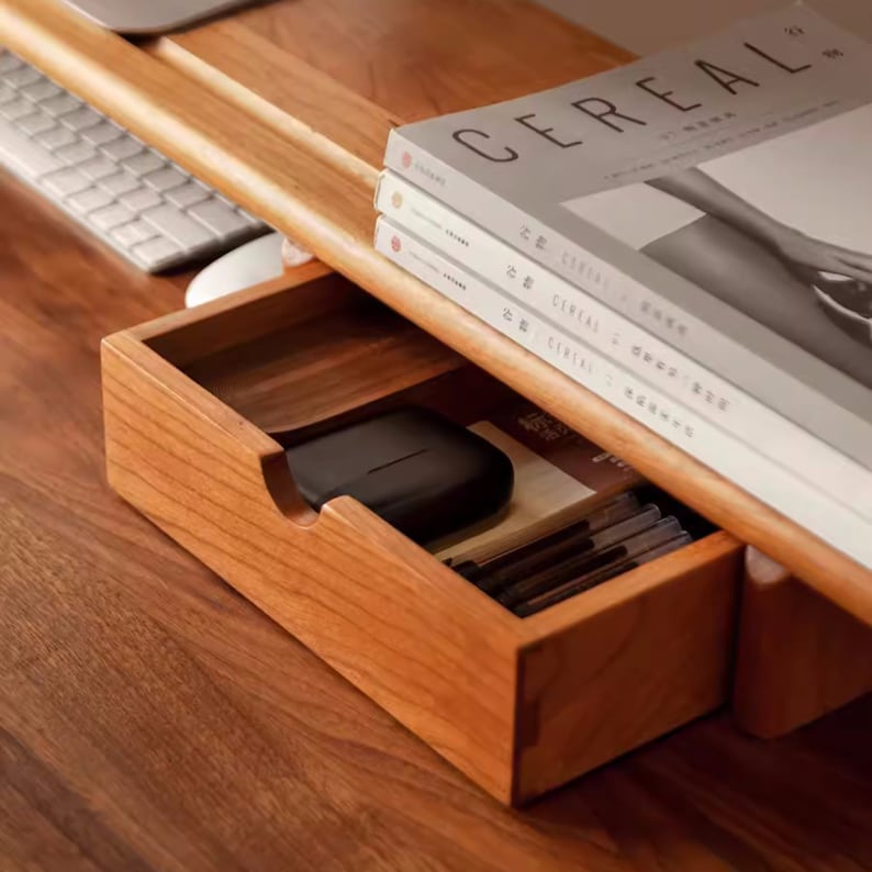 Custom Solid Wood Desk Shelf Monitor Stand With Drawer Storage, Desk ...