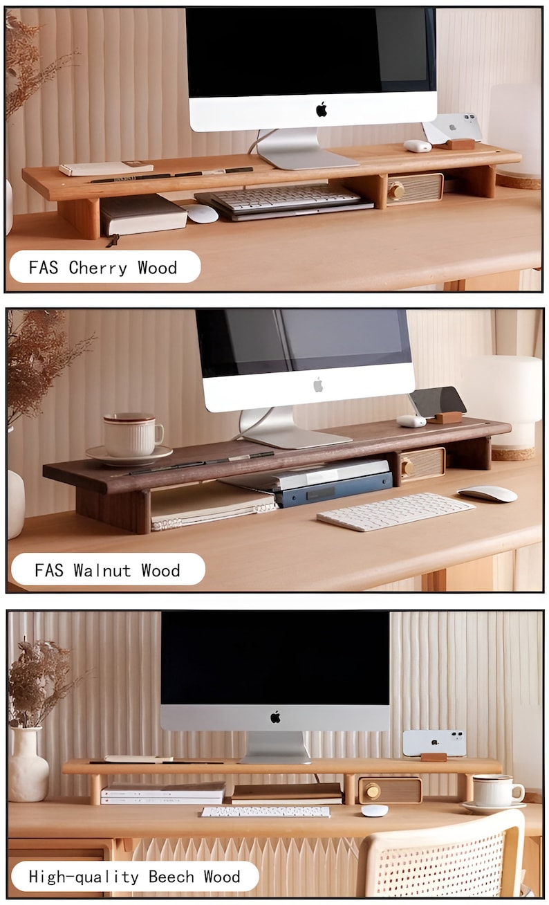 Custom Solid Wood Desk Shelf Monitor Stand With Drawer Storage, Desk ...