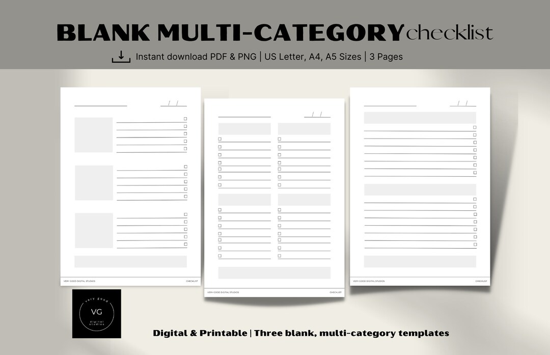 Blank Multi-category Checklist - Simple, Minimalist, Printable, Digital ...