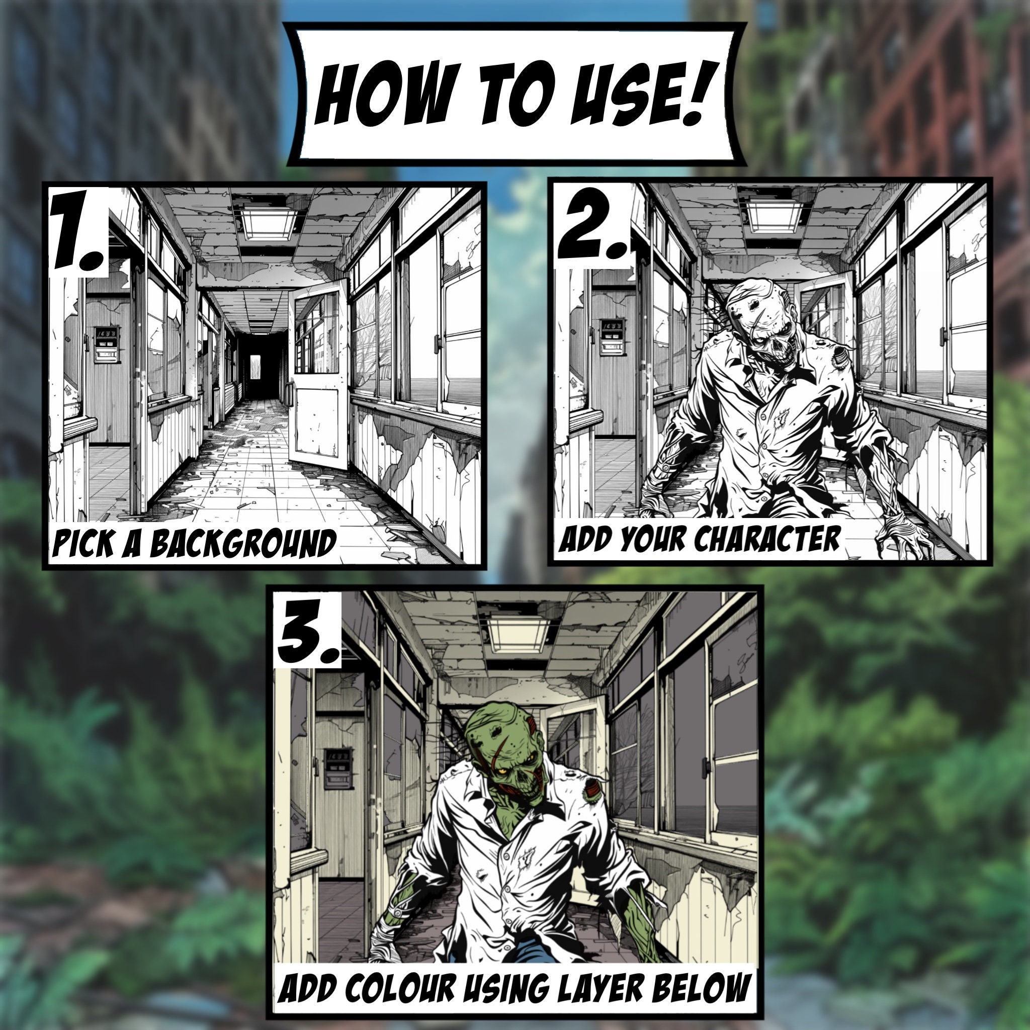Comic Style Zombie Backgrounds | Procreate Digital Art Stamps | Manga ...