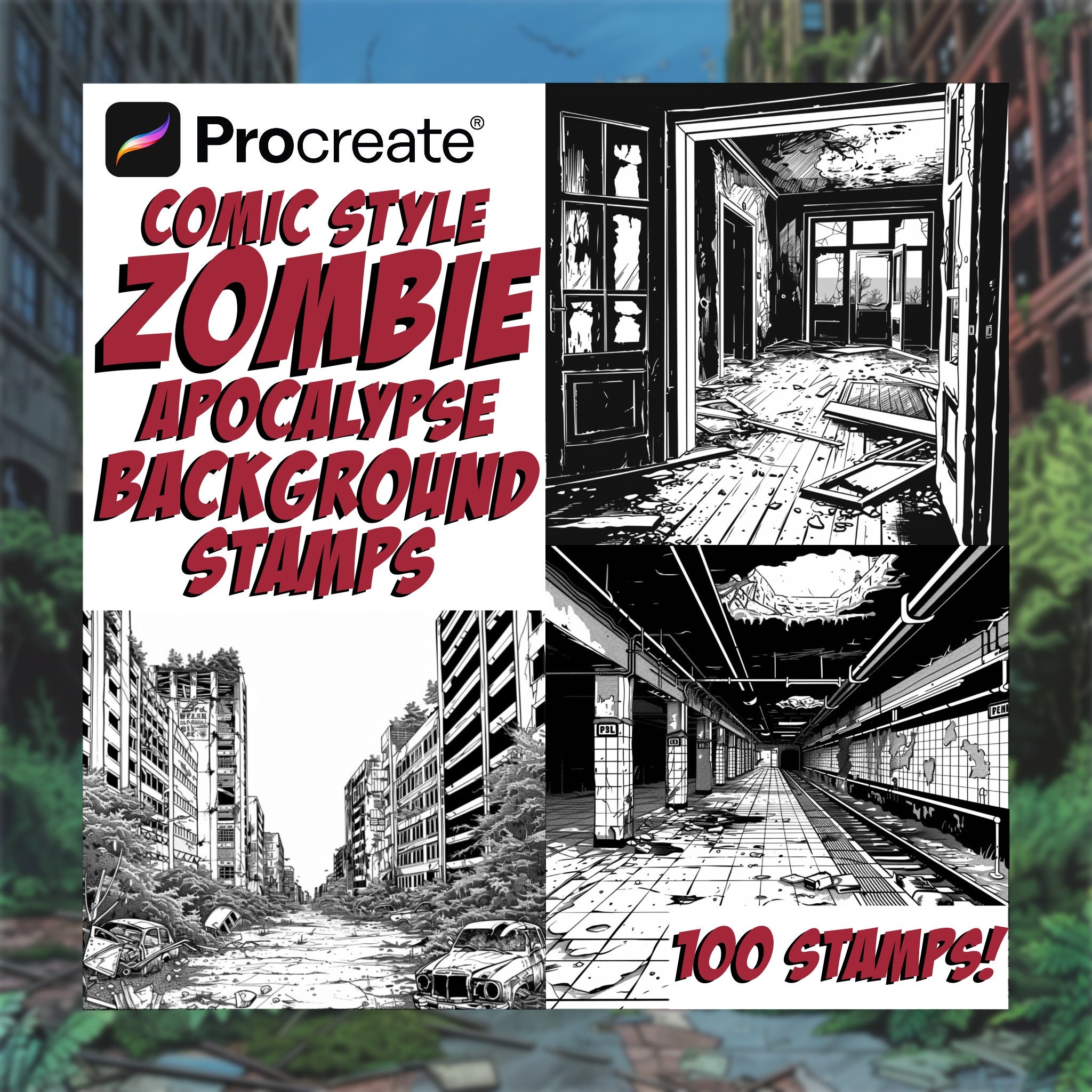 Comic Style Zombie Backgrounds | Procreate Digital Art Stamps | Manga ...