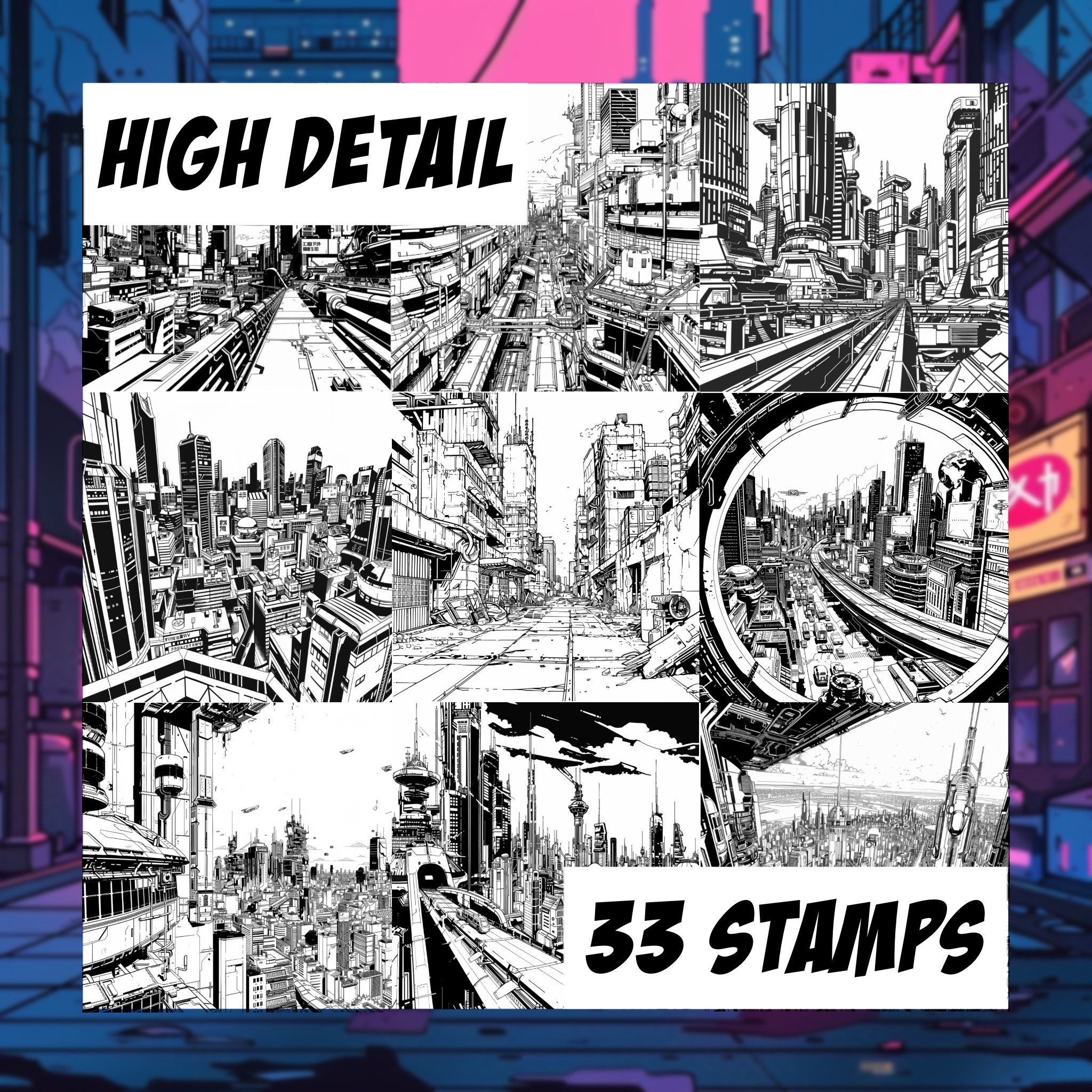 Comic Style Cyberpunk City Backgrounds Procreate Digital Art Stamp ...