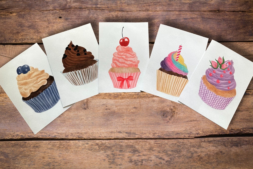 Box of 10 Watercolor Birthday Cupcake Greeting Cards Blank - Etsy