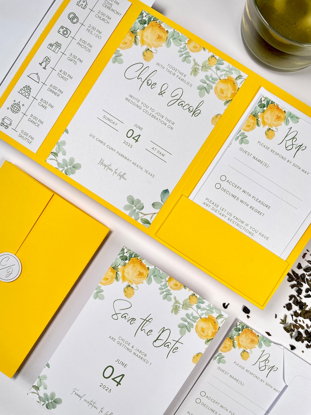 Floral Yellow and White Watercolor Wedding Invitation, Elegant Yellow ...