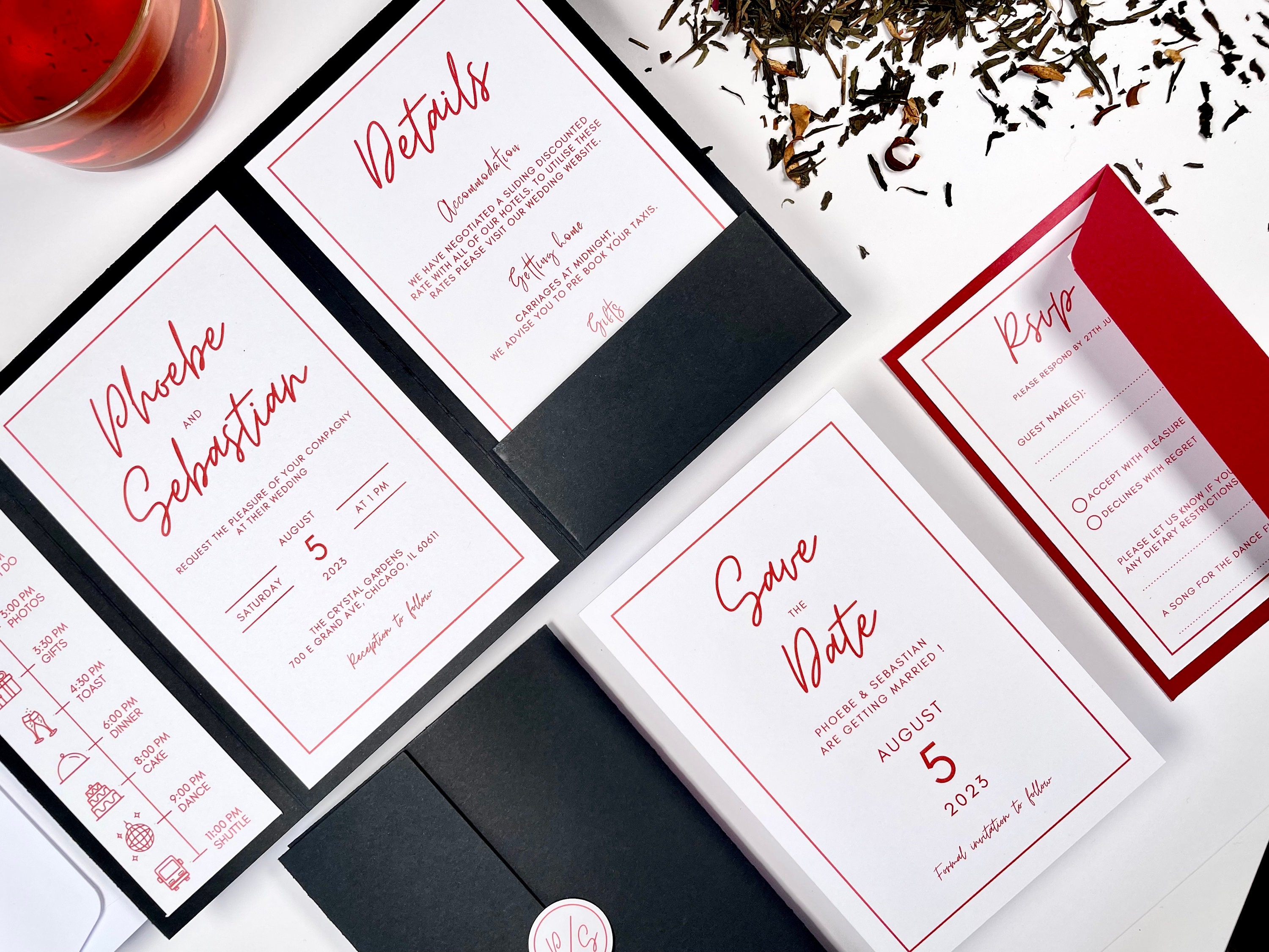 Minimalist Black Red and White Wedding Invitation, Elegant Black ...