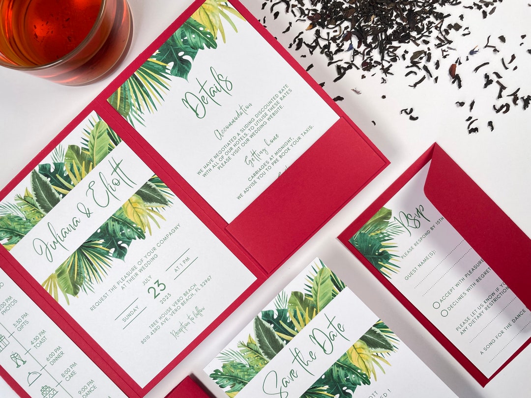 Jungle Red, Green and White Wedding Invitation, Elegant Red Pocketfold ...